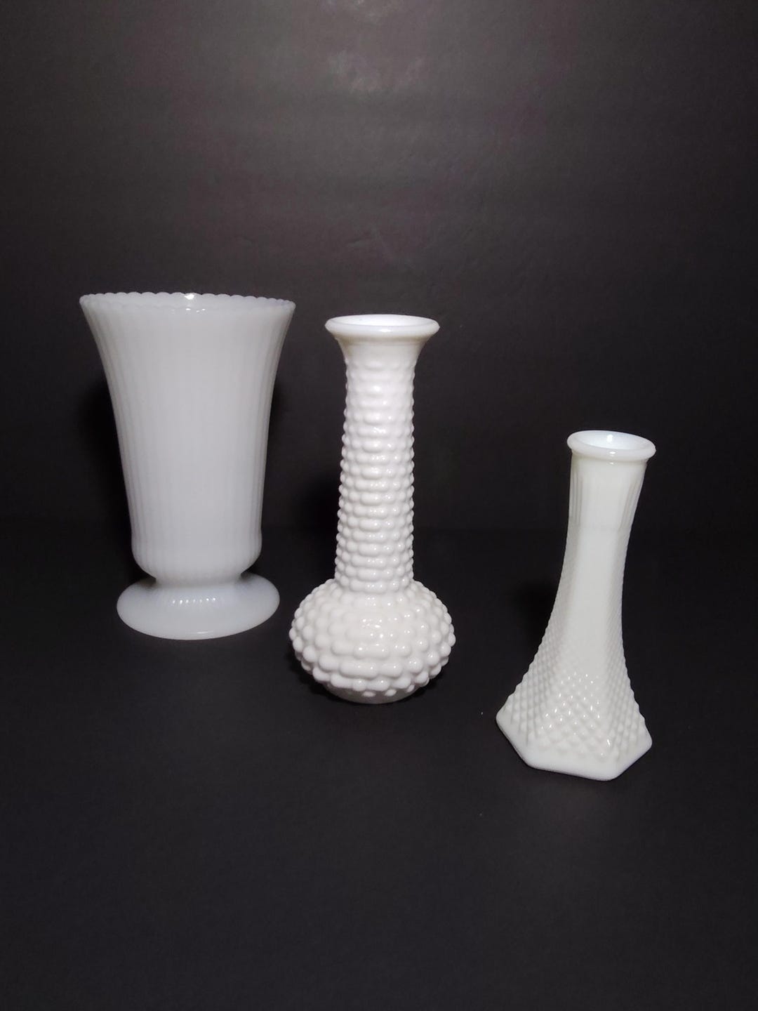 Vintage EO Brody White Milk Glass Ribbed M5000, 8" Hobnail 7.5” Bud ...
