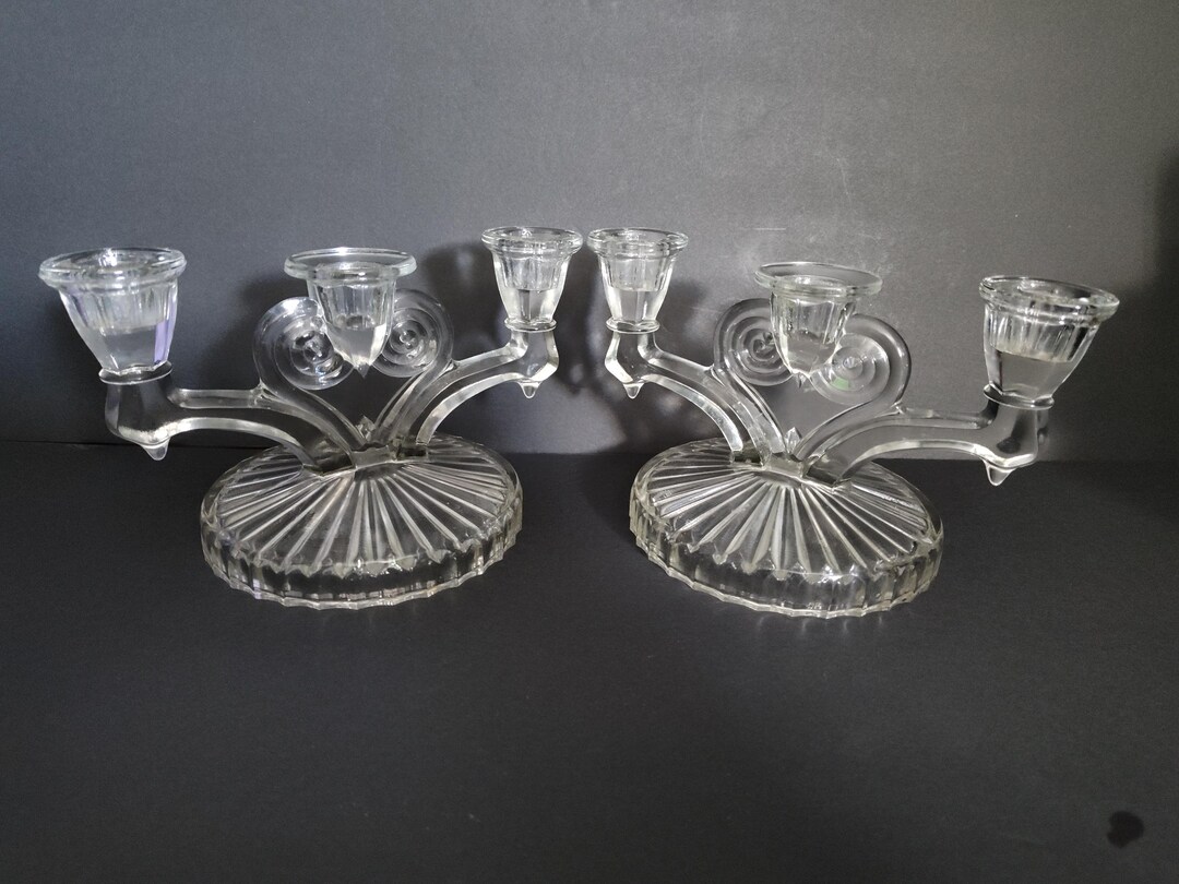 Set of 2 Jeanette Glass Cosmos Pattern 1940’s 3 Light Candelabra Taper ...