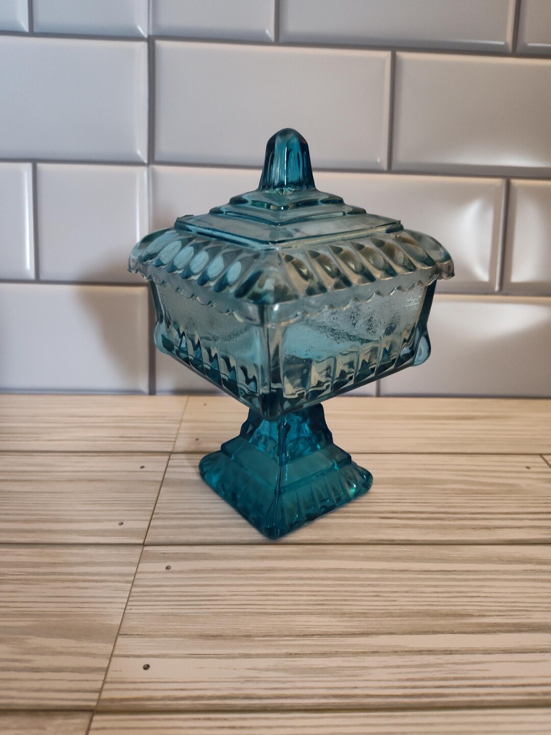1940's Art Deco Jeannette Glass Wedding Cake Box Teal Peacock Aqua Blue ...