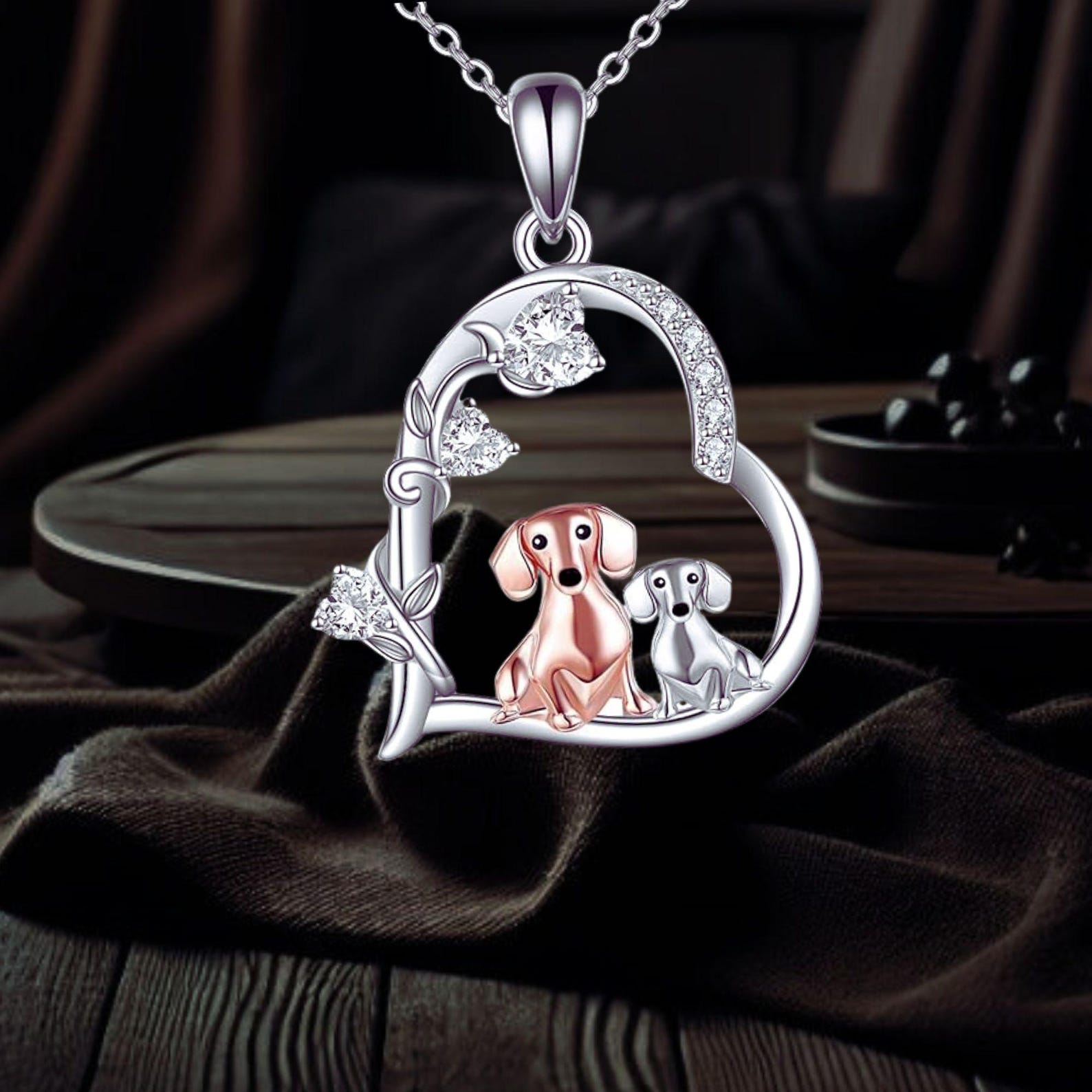 Dachshund Mother and Child Dog Heart Necklace 925 Sterling Silver Cubic ...