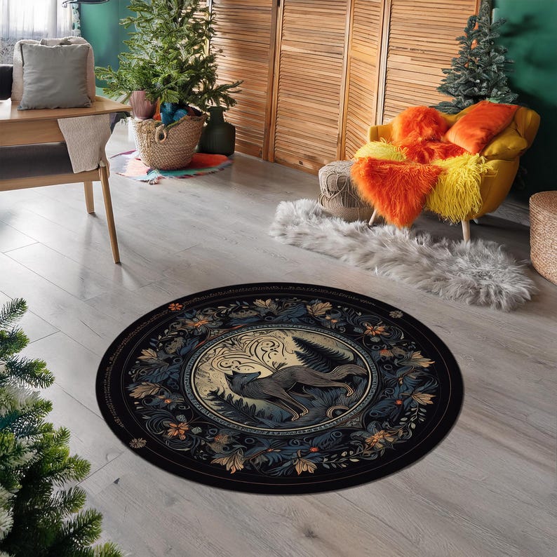 Wolf Woodland Round Rug, Wolf Folklore Decor, Dark Cottagecore Rug ...
