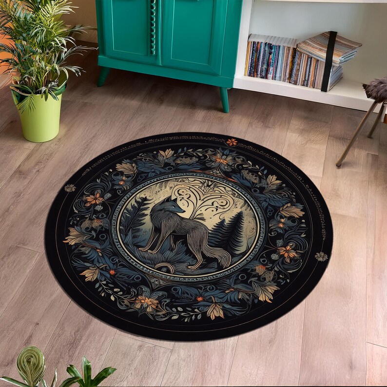 Wolf Woodland Round Rug, Wolf Folklore Decor, Dark Cottagecore Rug ...