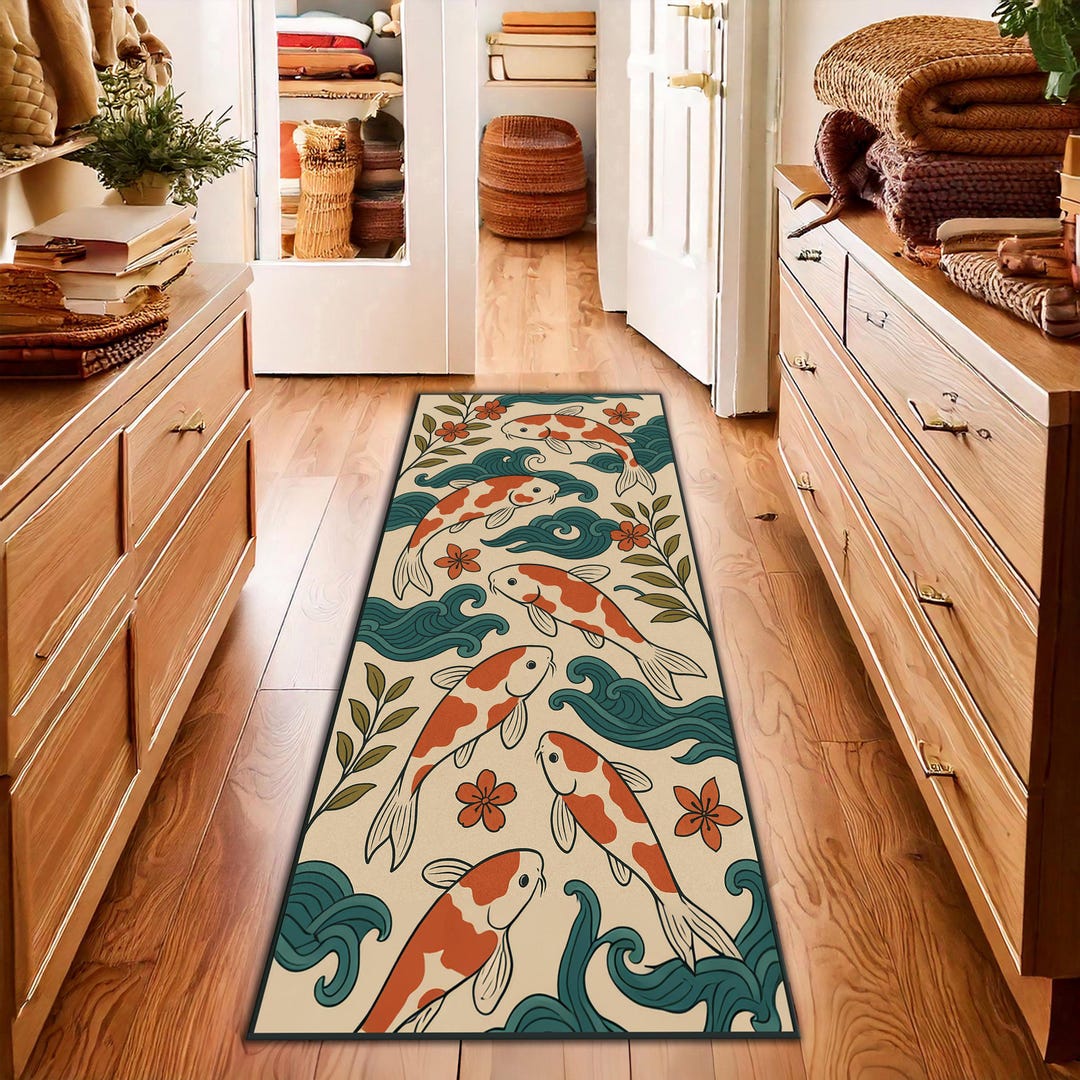 Japanese Koi Fish Runner Rug With Waves and Flowers – Oriental Style ...