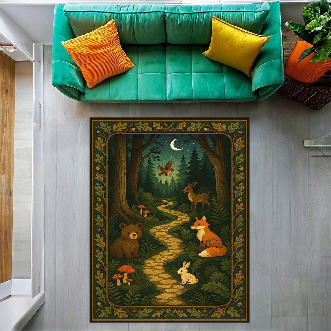 Woodland Animal Forest Rug – Cute Fox Bear Bunny Carpet, Kids Room ...