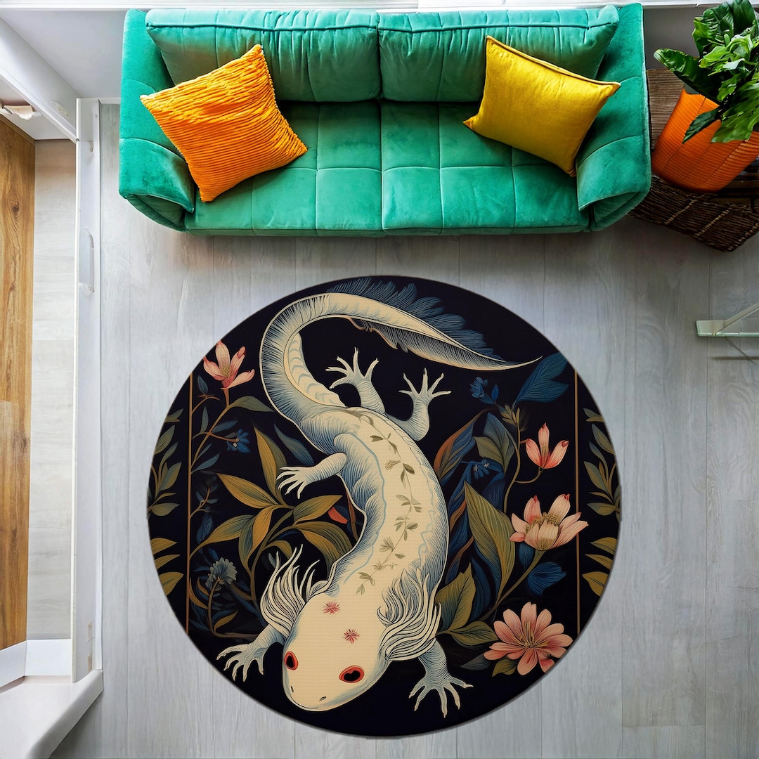 Axolotl Rug, Salamander Rug, Floral Cottagecore Rug, Modern Rug, Dark ...