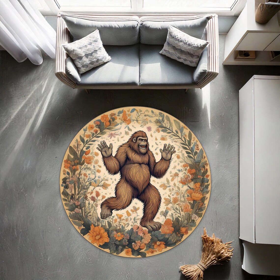 Smiling Bigfoot Round Rug, Sasquatch Carpet, Big Foot Decor, Funny ...