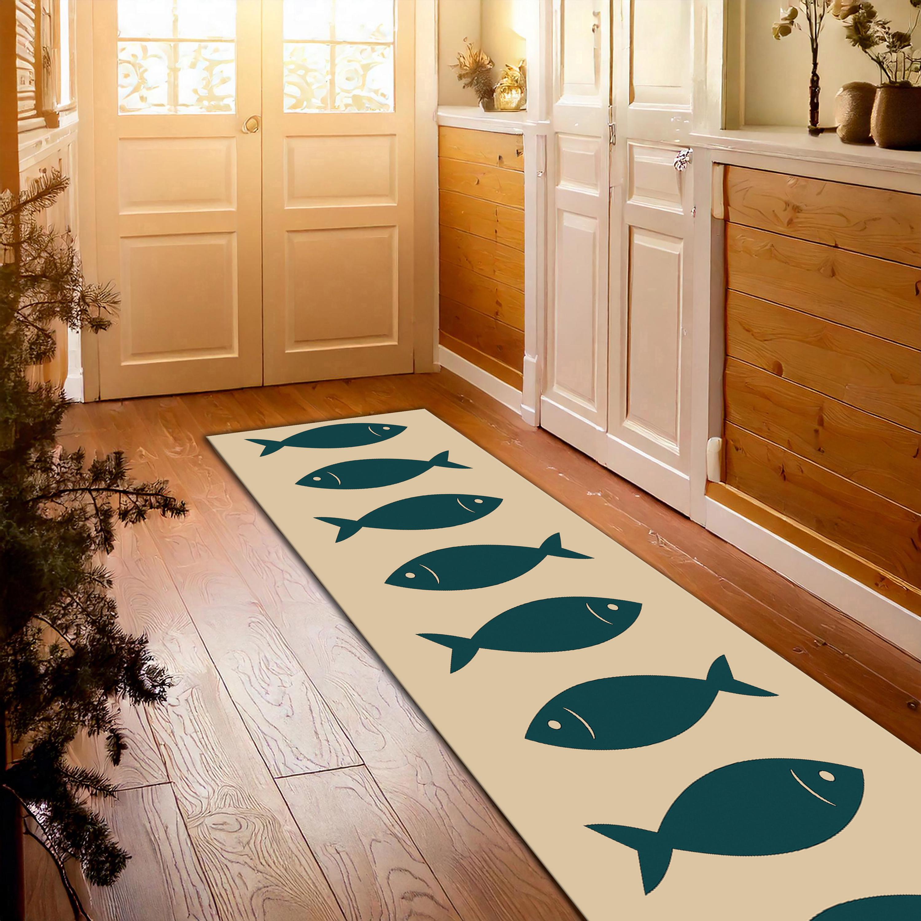 Minimalist Fish Runner Rug in Teal and Beige – Modern Hallway Carpet ...