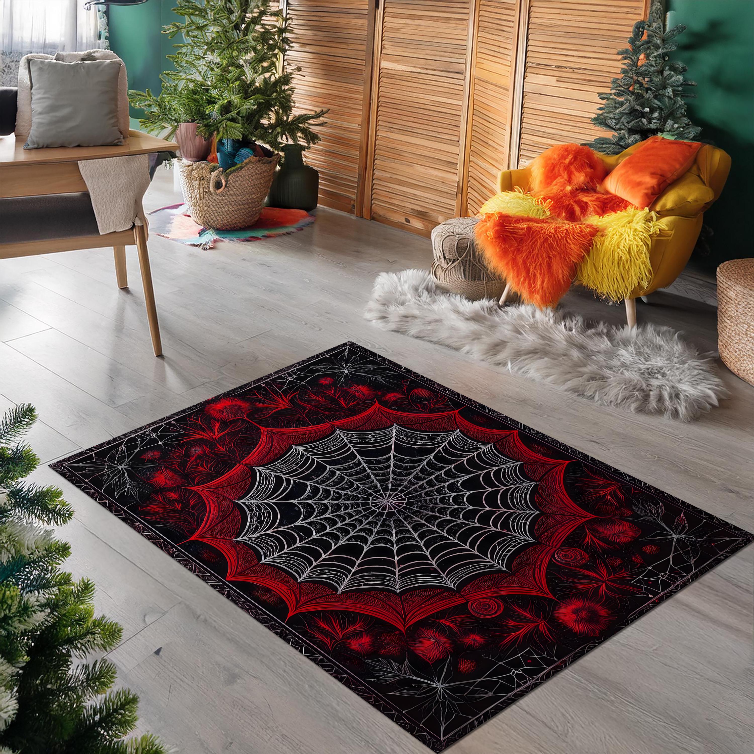 Spider Web Rug for Gothic Room Decor, Dark Academia Raven in Flowers ...