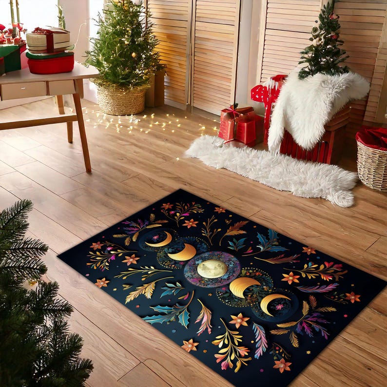 Moonlit Garden Rug, Moon Phase Carpet, Lunar Eclipse Decor, Leaves ...