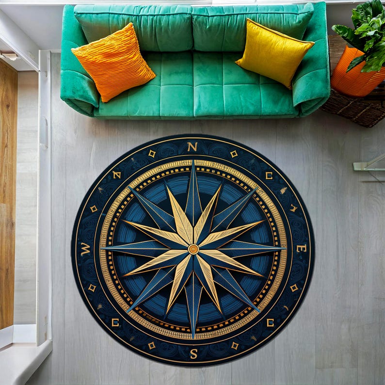 Compass Rose Rug, Yatch Round Rug, Compass Carpet, Coastal Decor, Yatch ...