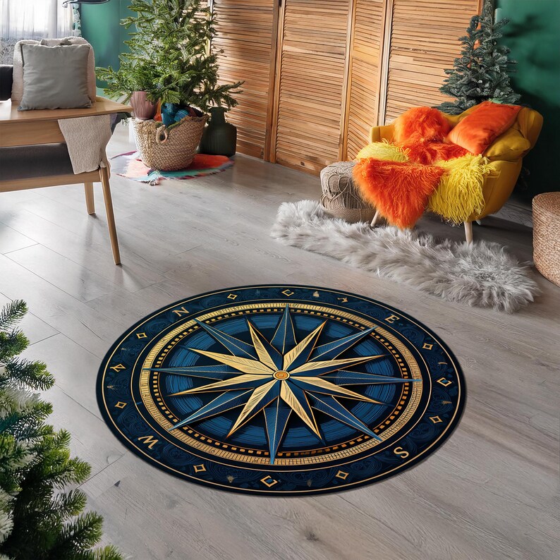 Compass Rose Rug, Yatch Round Rug, Compass Carpet, Coastal Decor, Yatch ...