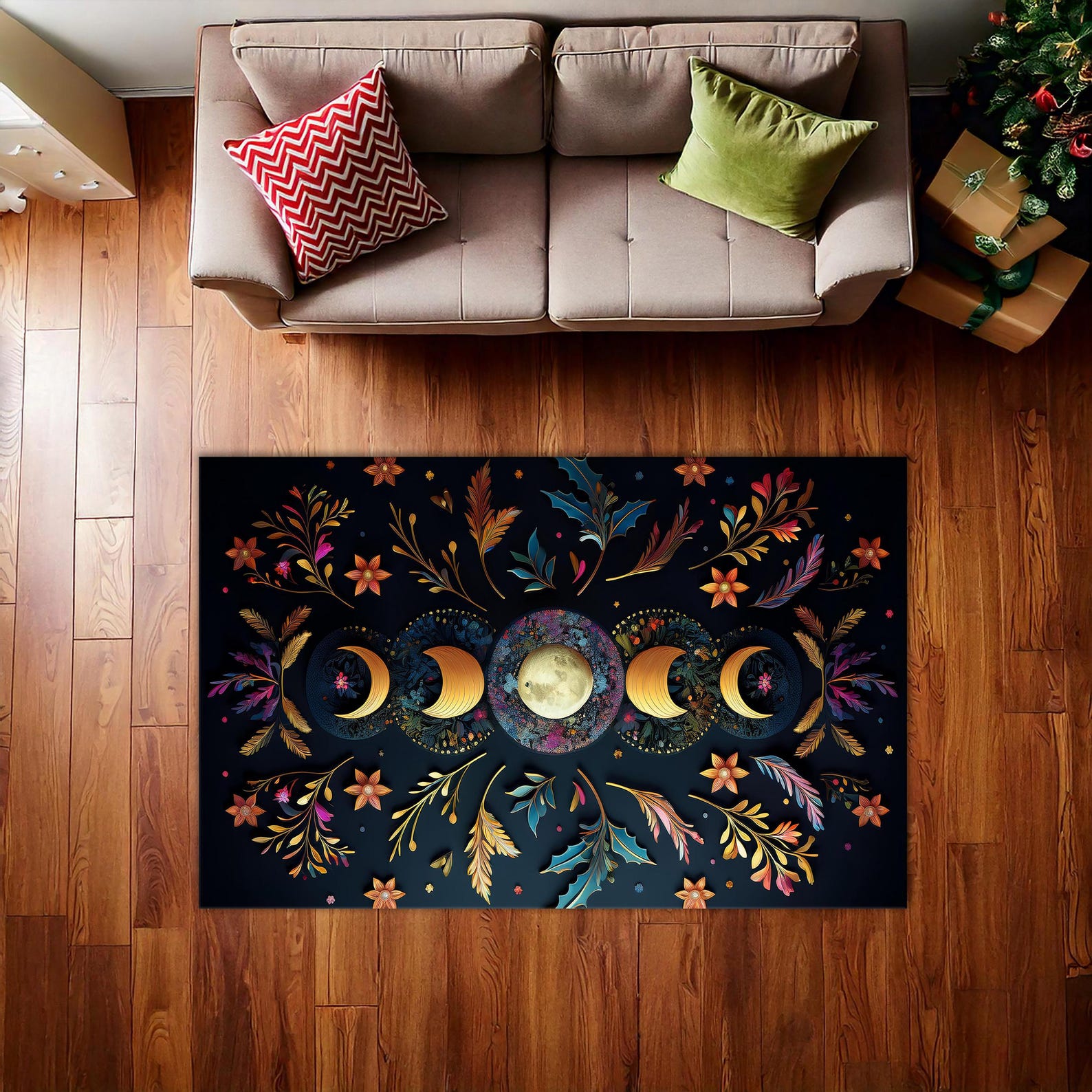Moonlit Garden Rug, Moon Phase Carpet, Lunar Eclipse Decor, Leaves ...