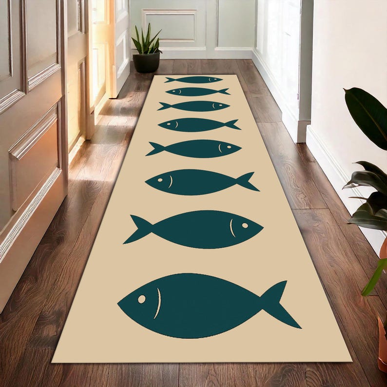 Minimalist Fish Runner Rug in Teal and Beige – Modern Hallway Carpet ...