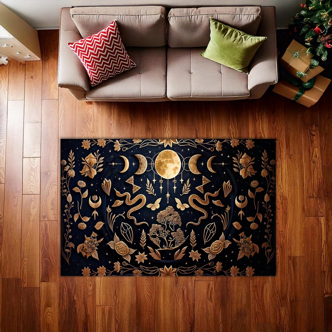 Moonlit Garden Rug, Moon Phase Carpet, Lunar Eclipse Decor, Leaves ...