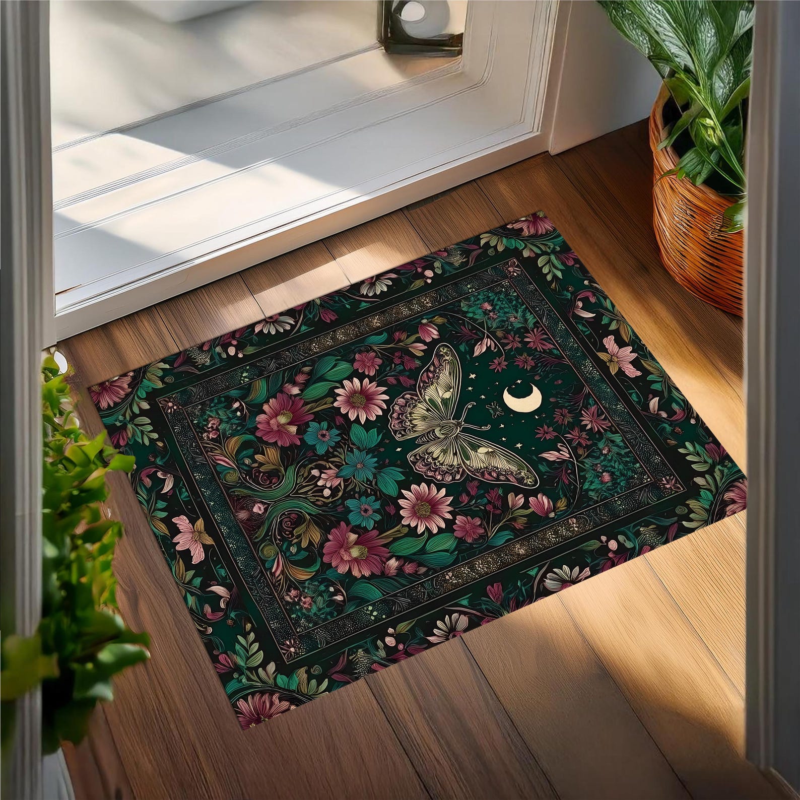 Mystic Moonlit Garden Moth Rug, Whimsigoth Fairycore Decor, Dark Floral ...