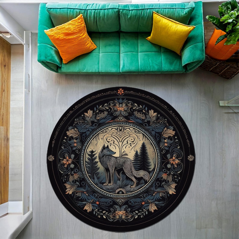 Wolf Woodland Round Rug, Wolf Folklore Decor, Dark Cottagecore Rug ...