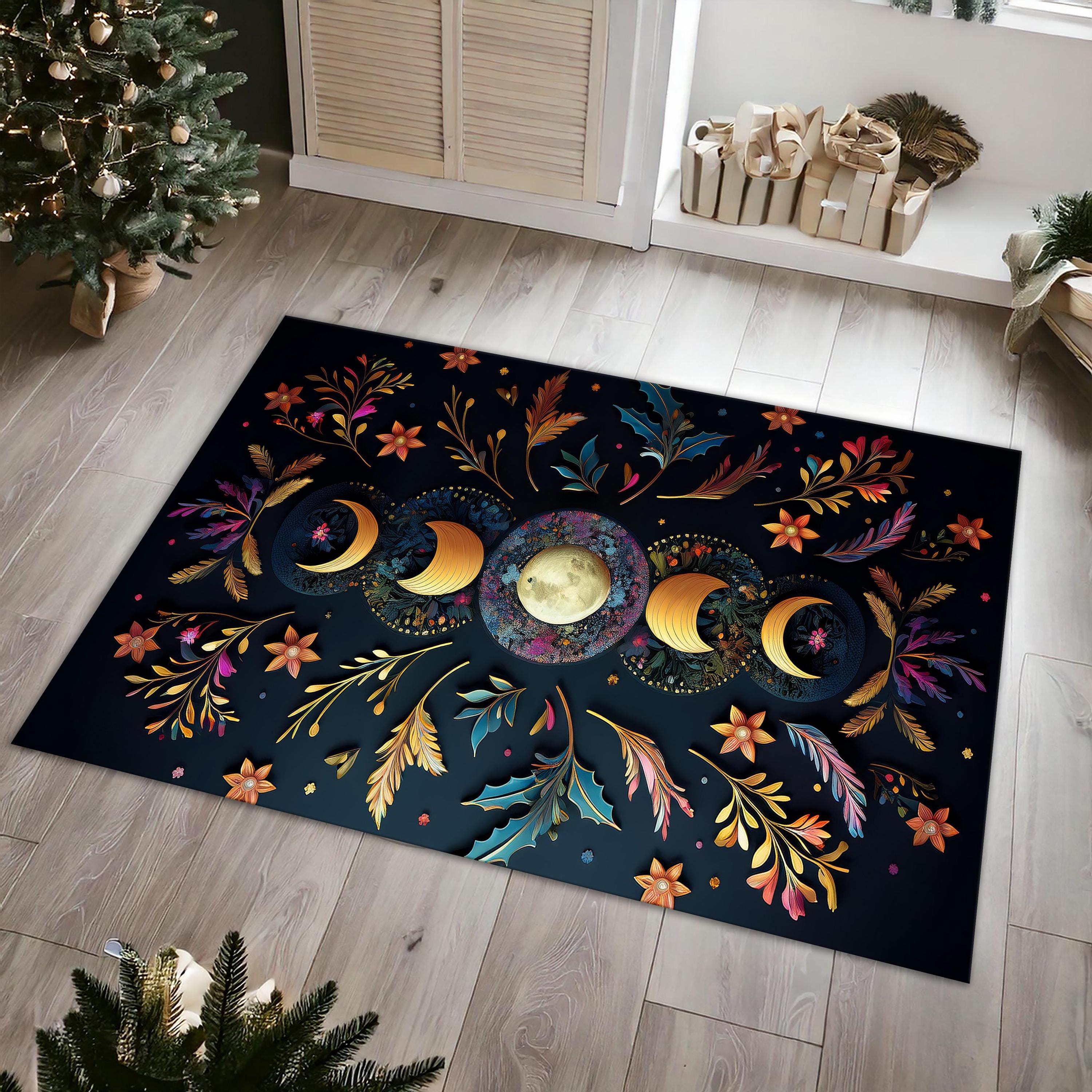 Moonlit Garden Rug, Moon Phase Carpet, Lunar Eclipse Decor, Leaves ...