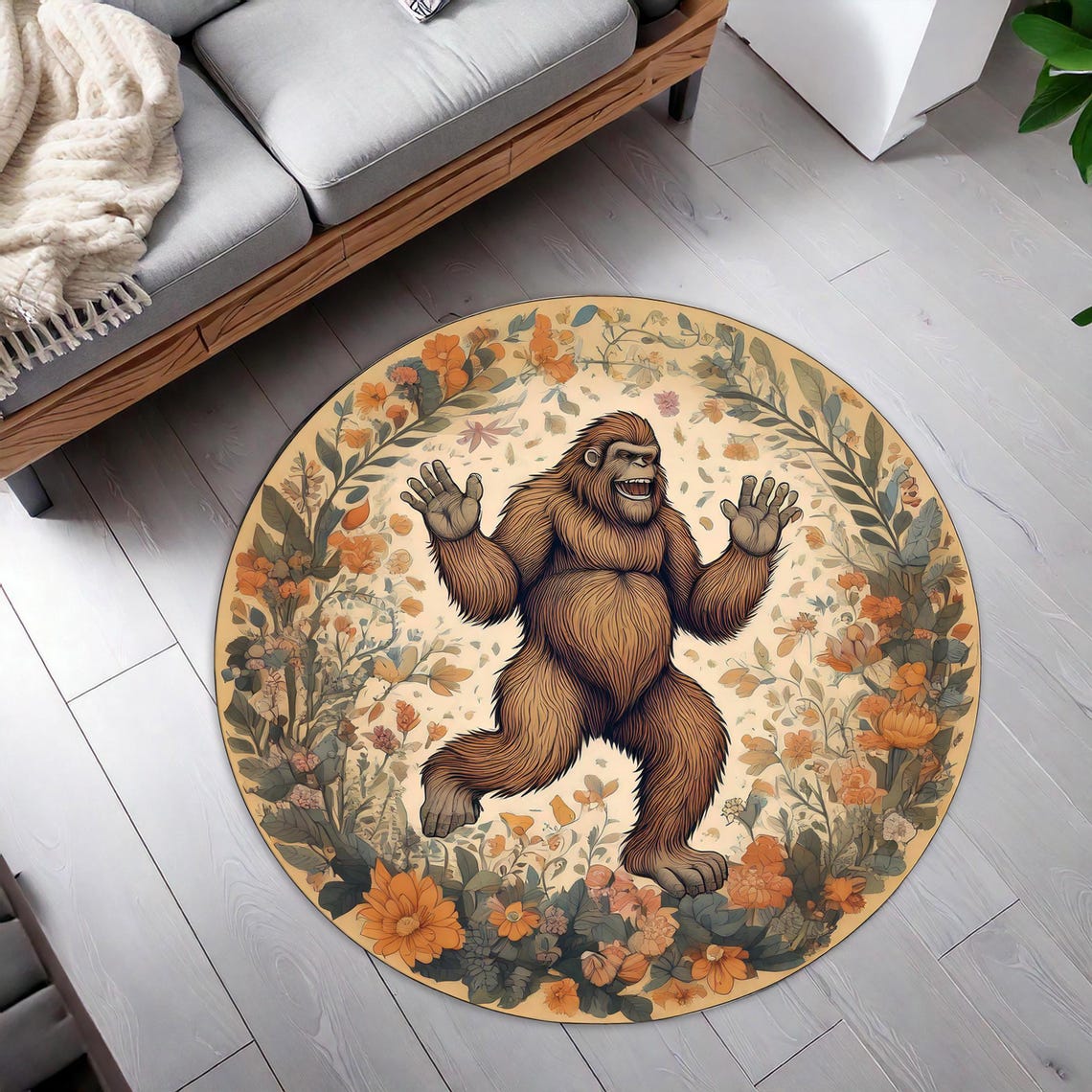 Smiling Bigfoot Round Rug, Sasquatch Carpet, Big Foot Decor, Funny ...