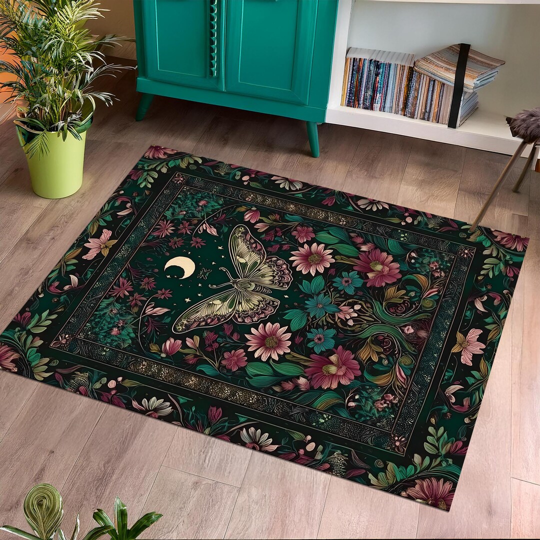 Mystic Moonlit Garden Moth Rug, Whimsigoth Fairycore Decor, Dark Floral ...