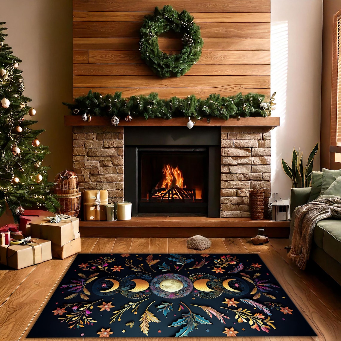 Moonlit Garden Rug, Moon Phase Carpet, Lunar Eclipse Decor, Leaves ...