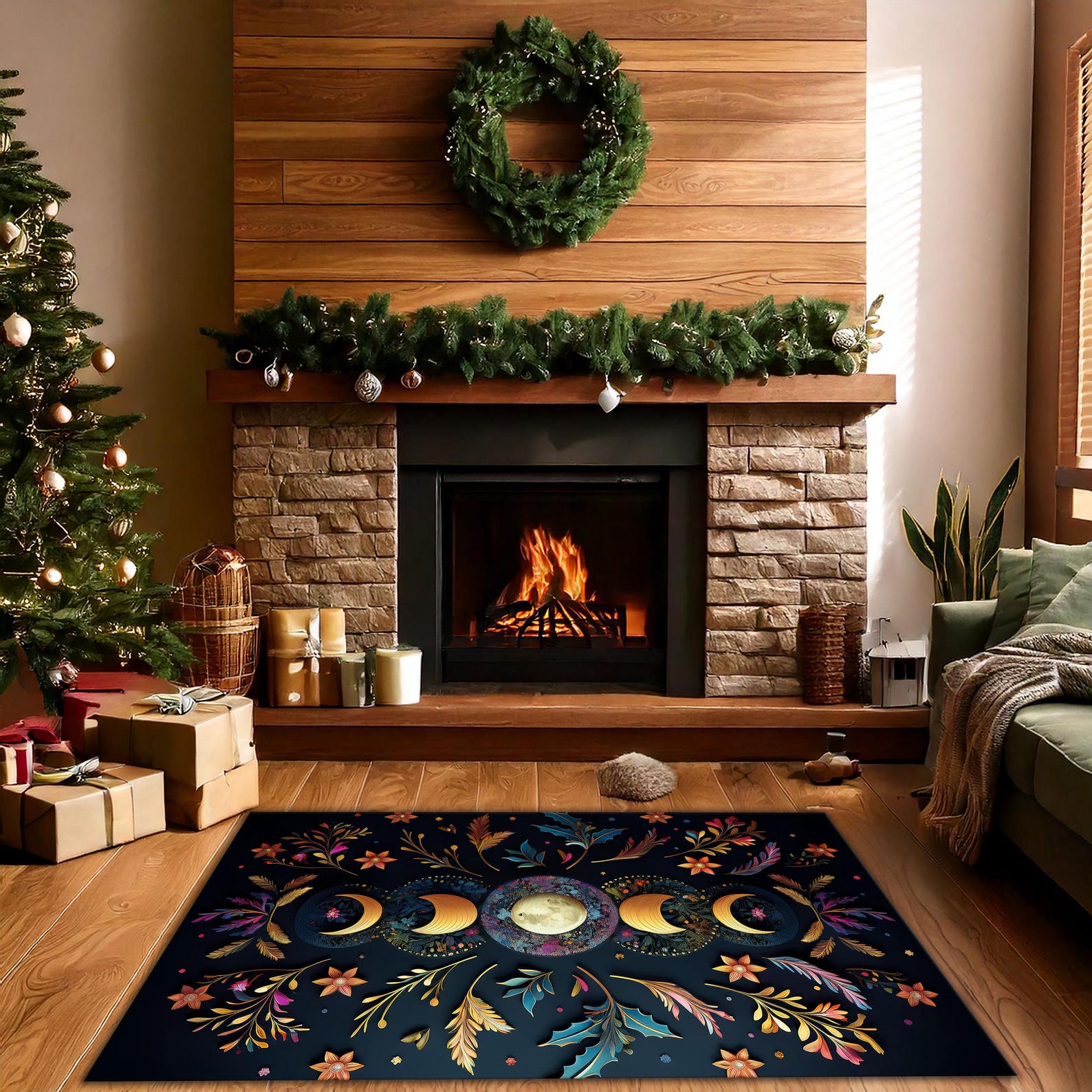 Moonlit Garden Rug, Moon Phase Carpet, Lunar Eclipse Decor, Leaves ...