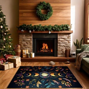 Moonlit Garden Rug, Moon Phase Carpet, Lunar Eclipse Decor, Leaves ...