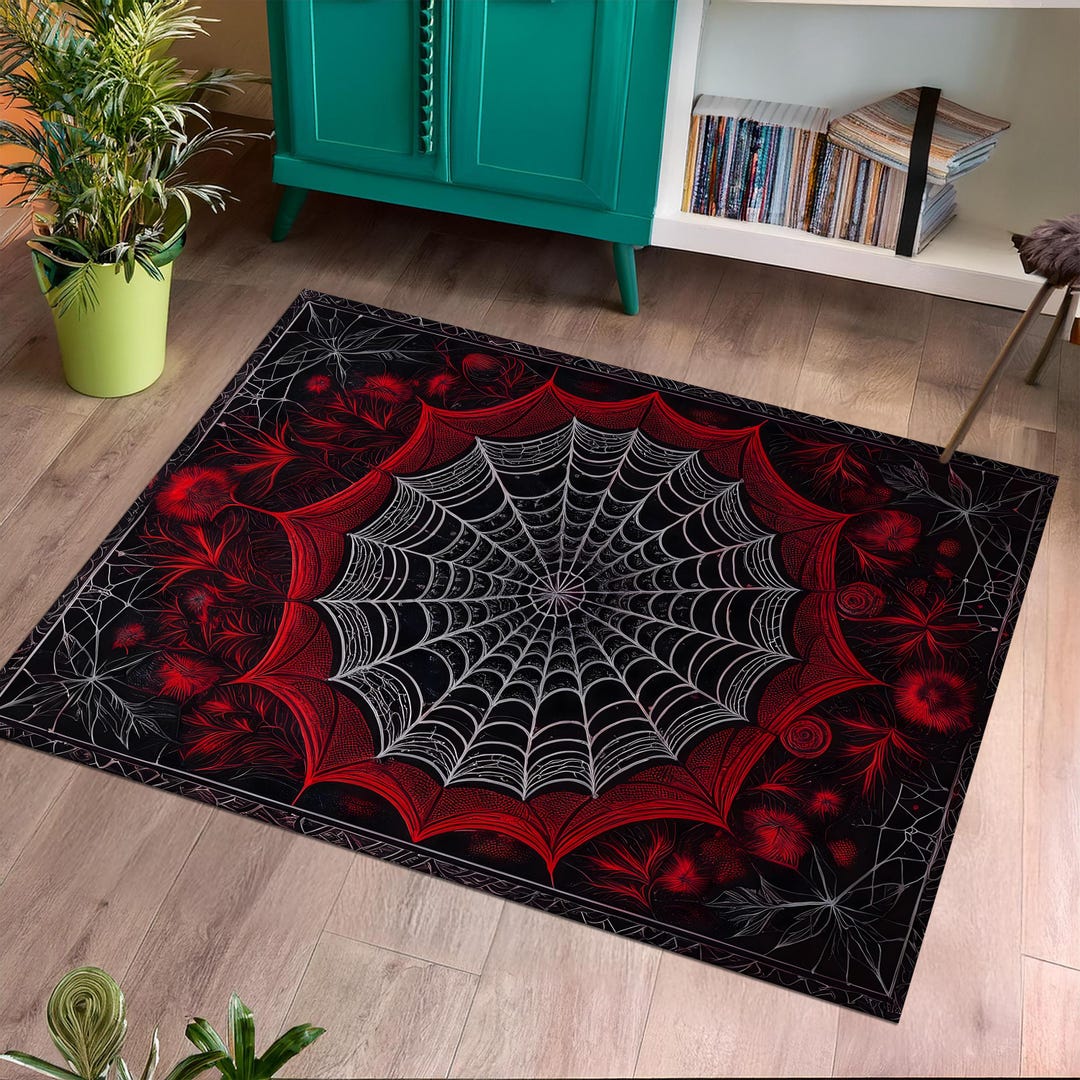 Spider Web Rug for Gothic Room Decor, Dark Academia Raven in Flowers ...