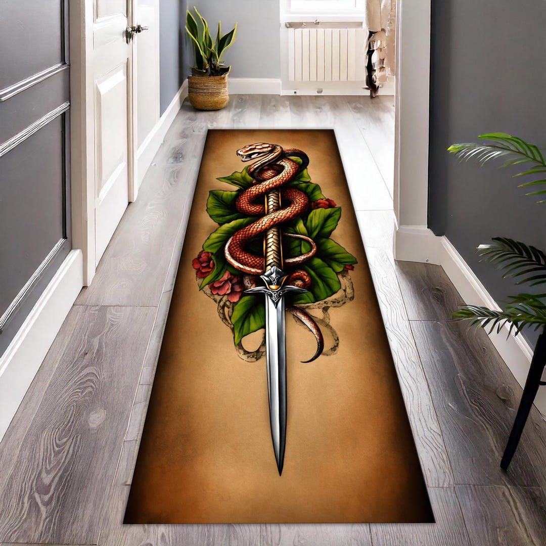 Snake Coiled Blade Runner Rug, Tattoo Design Runner Rug, Goth Room ...