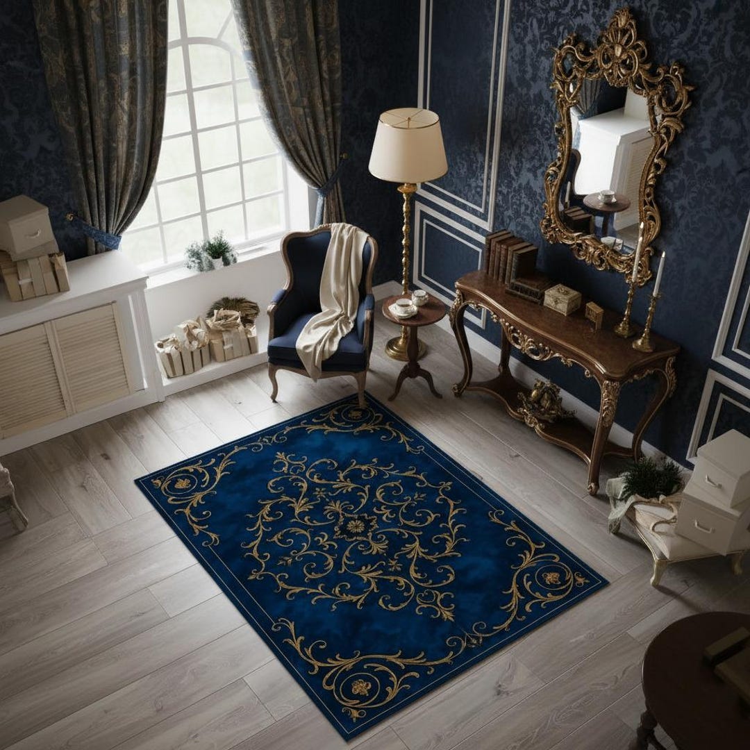 Sapphire Royal Baroque Rug – Blue and Gold Ornate Carpet With Classic ...