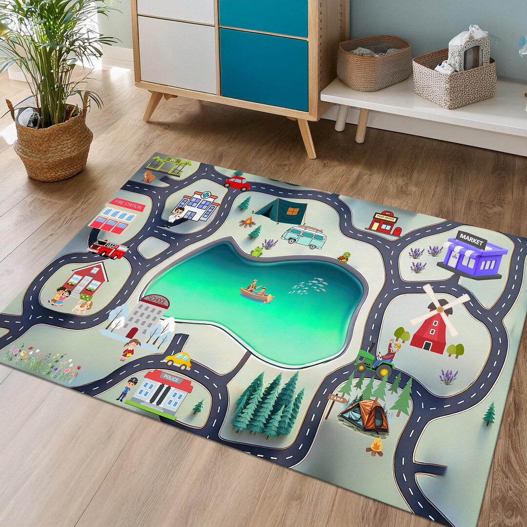 Nursery Road Play Mat, Playroom Rug, Rectangle Traffic Play Mat, Soft ...