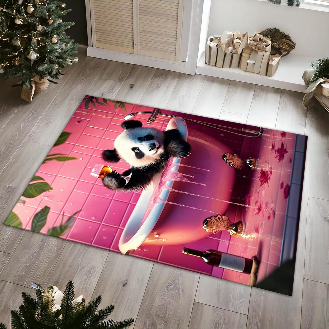 Smiling Panda in Bat Bath Rug, Cute Pink Rug, Panda Rug, Funny Rug ...