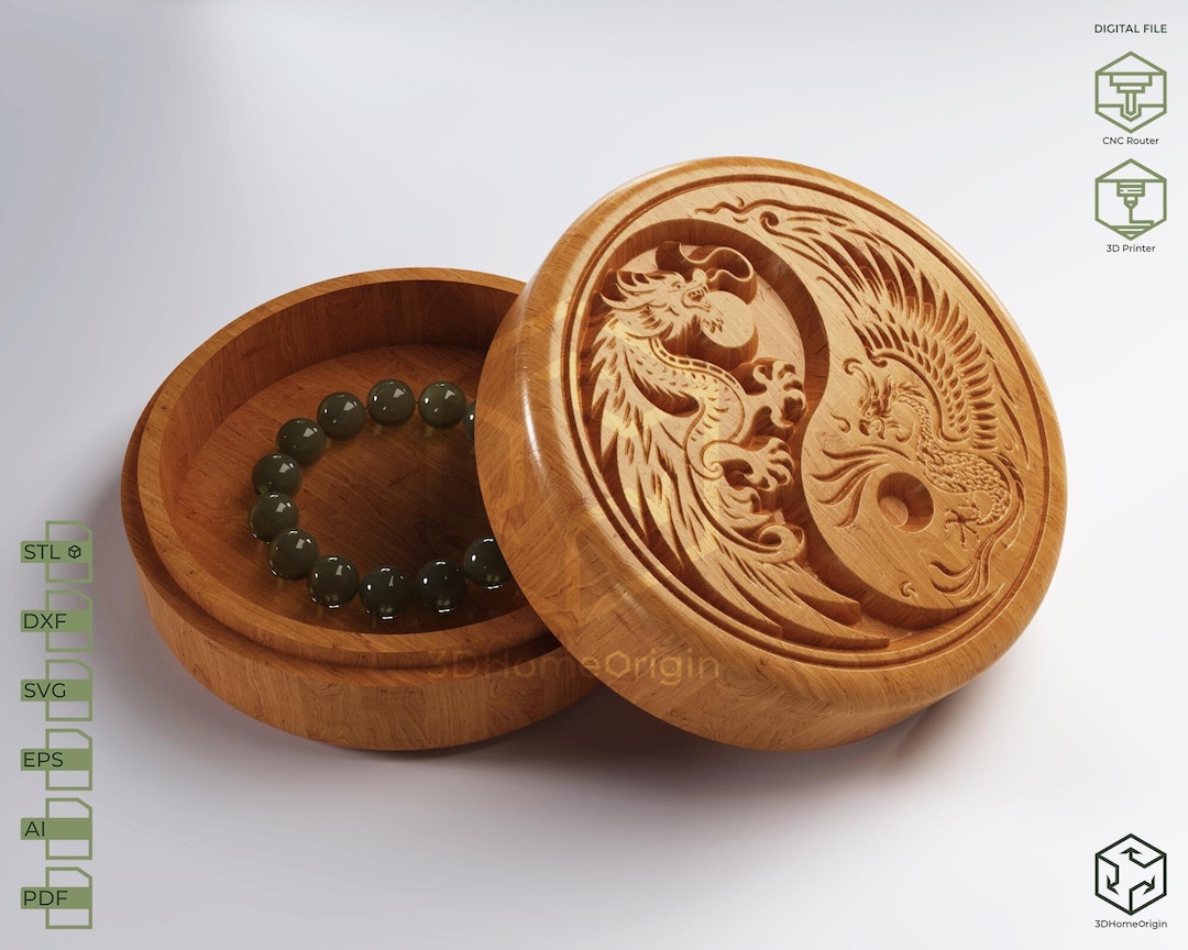 CNC Box - Yin Yang Dragon V-carved Jewelry Box | CNC Files for Wood ...