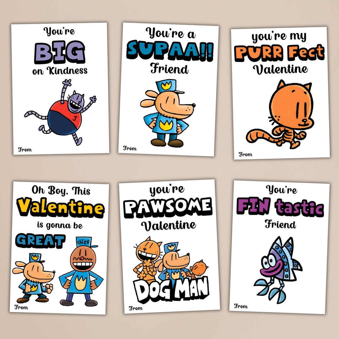 Dog Man Valentine's Cards for Kids, Printable Dog Man Classroom ...