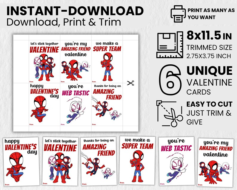 Spidey Valentine's Day Cards, Superhero Classroom Valentines (digital ...