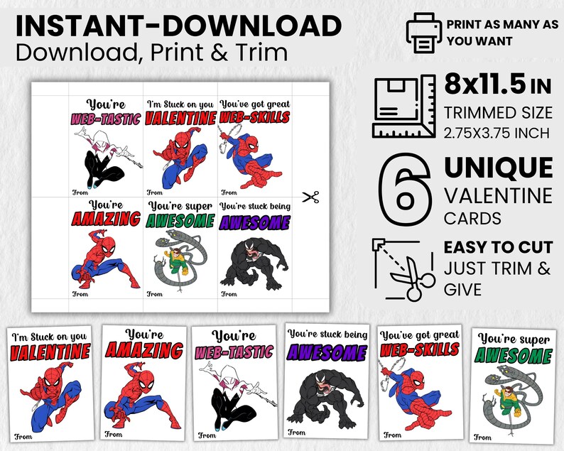 Spiderman Valentine Cards, Printable Classroom Valentines (instant ...