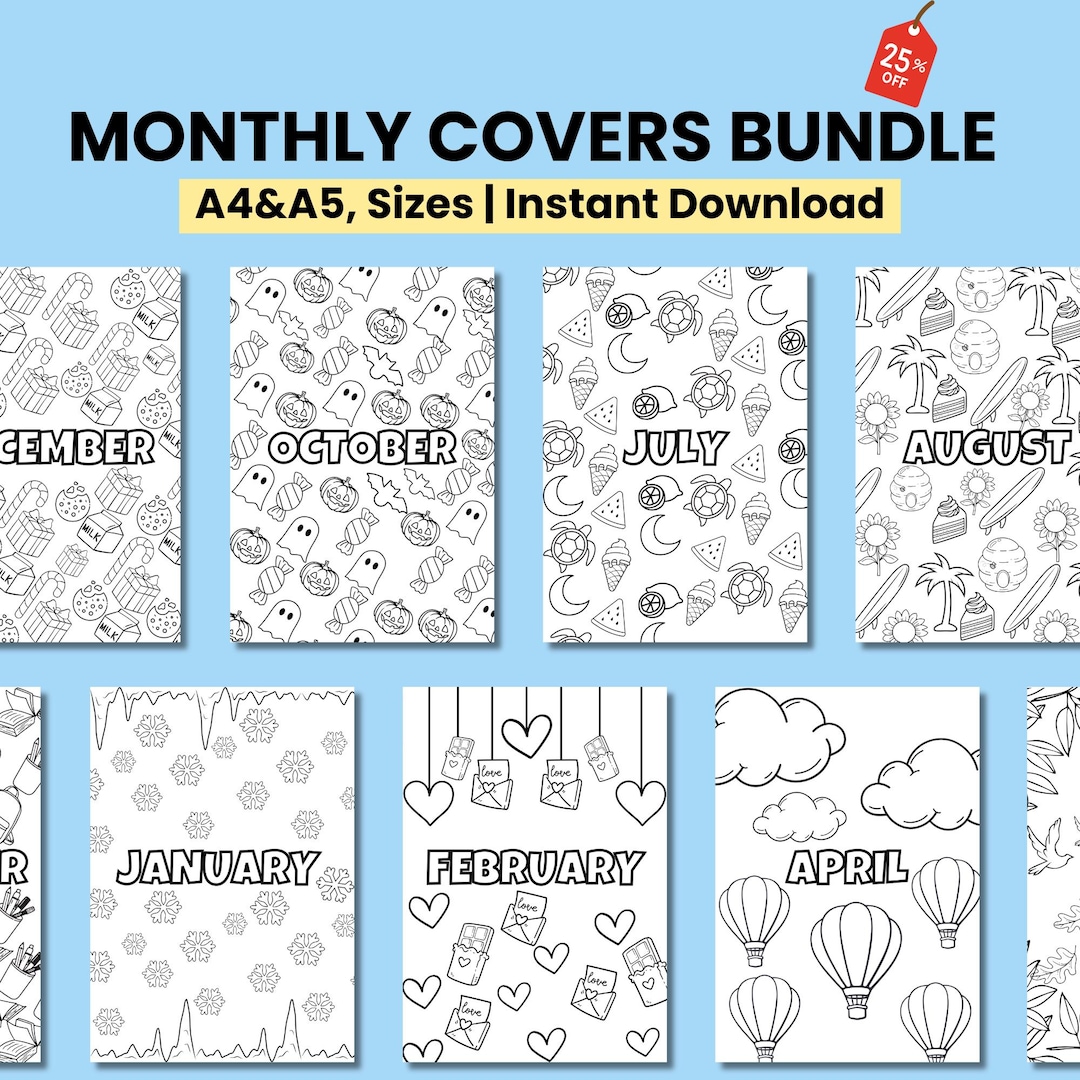 12 Months Cover Pages, Printable Bullet Journal Pages, Monthly Title ...