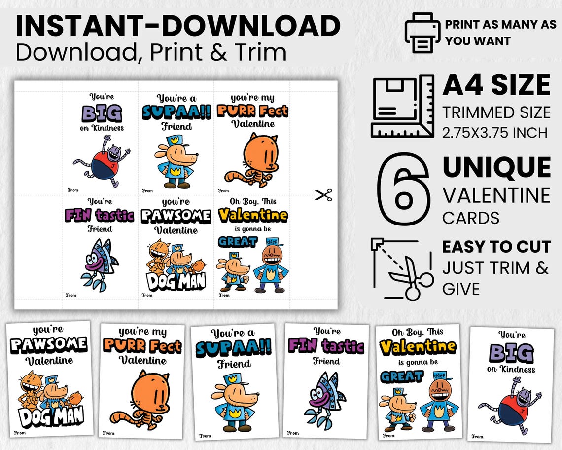 Dog Man Valentine's Cards for Kids, Printable Dog Man Classroom ...