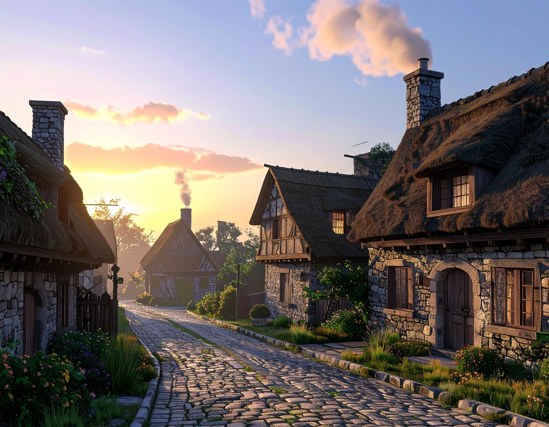Medieval Village Sunrise Art Print: Rustic Stone Houses (digital ...