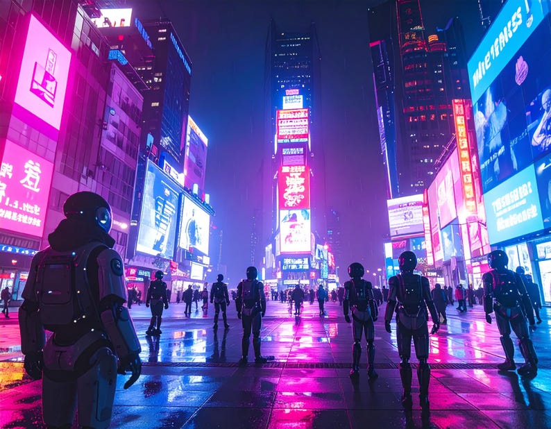 4 Pieces Cyberpunk Cityscape Print, Robots & Neon Lights Future City ...