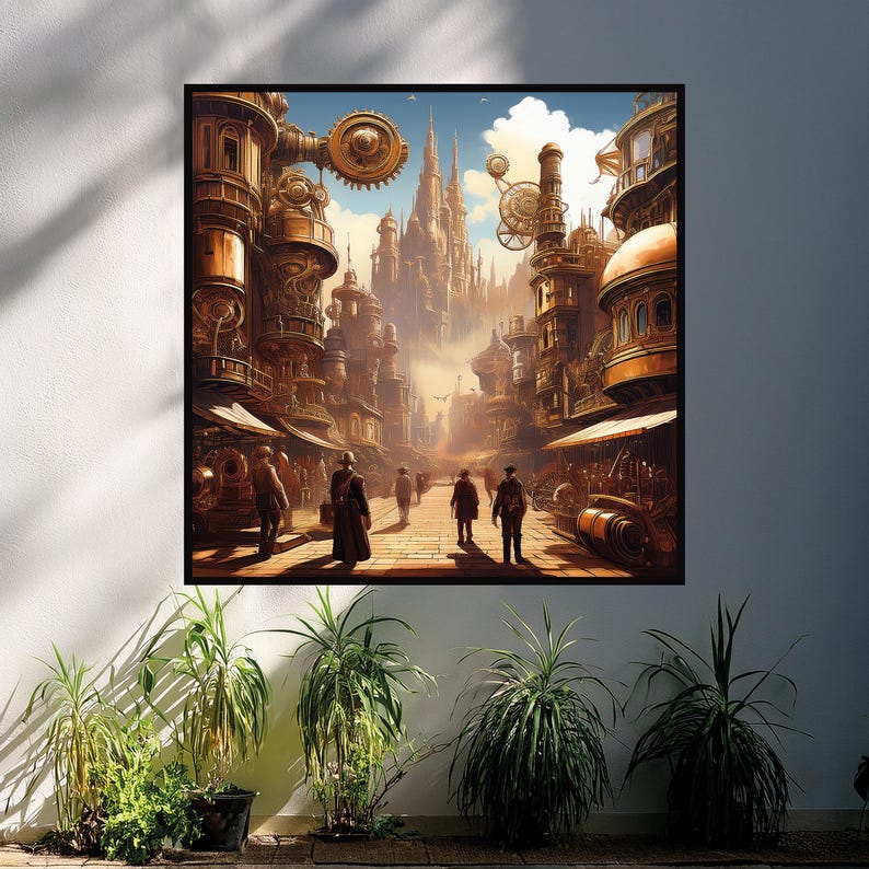 Steampunk Cityscape Digital Art – Retro-futuristic Urban Fantasy Print ...