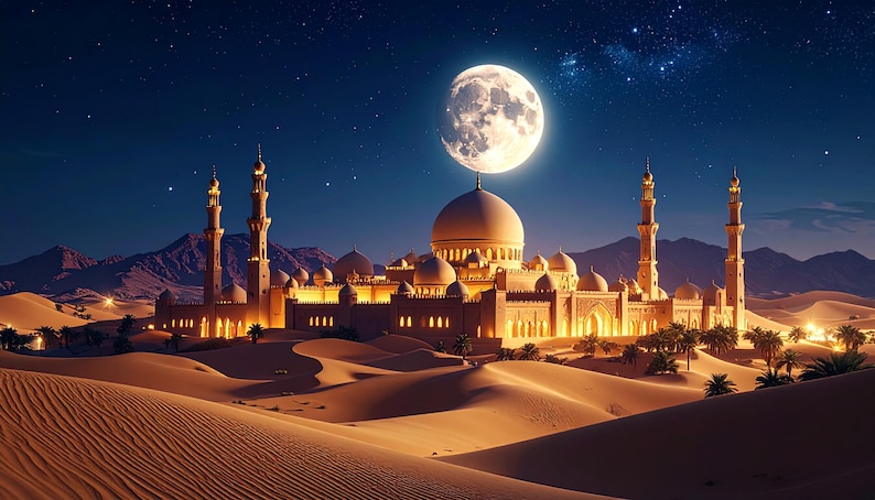 5 EA Magical Arabian Desert City Night Digital Art Print | Glowing ...