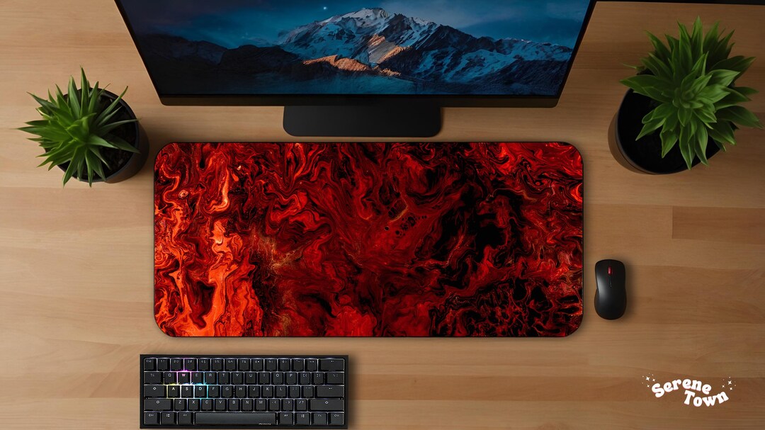 Abstract Red Desk Mat | Liquid Flow Waves Dark XL Minimalist High ...