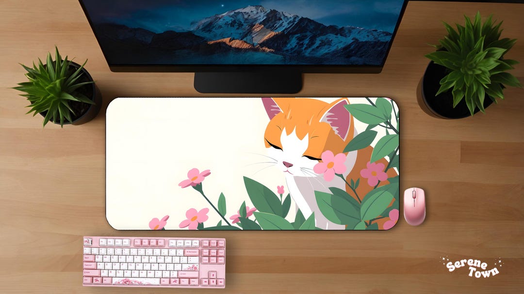 Orange Cat Desk Mat | Pink Green Flowers Anime Style Kawaii Neko Gaming ...