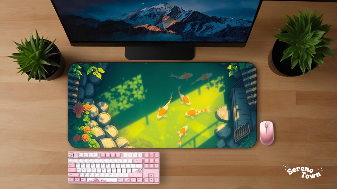 Koi Fish Pond Desk Mat | Japanese Anime Kawaii Gaming Computer Setups ...