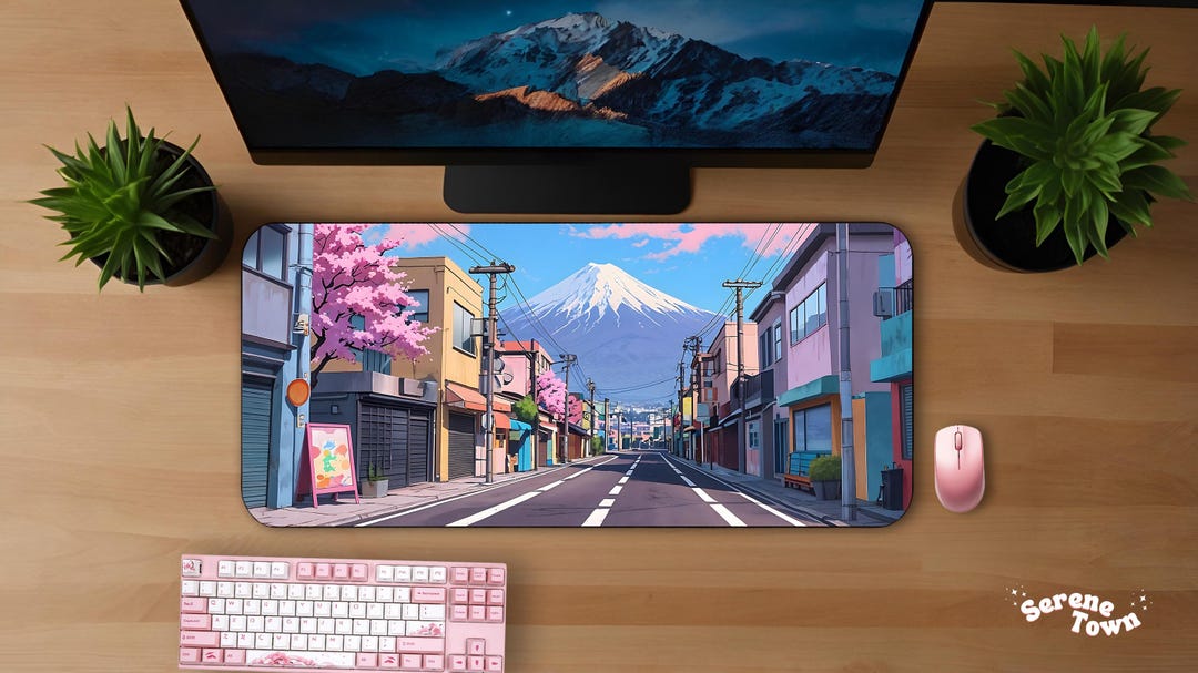 Japan Street Fuji Desk Mat, Cherry Blossom Pastel Anime Computer Setups ...