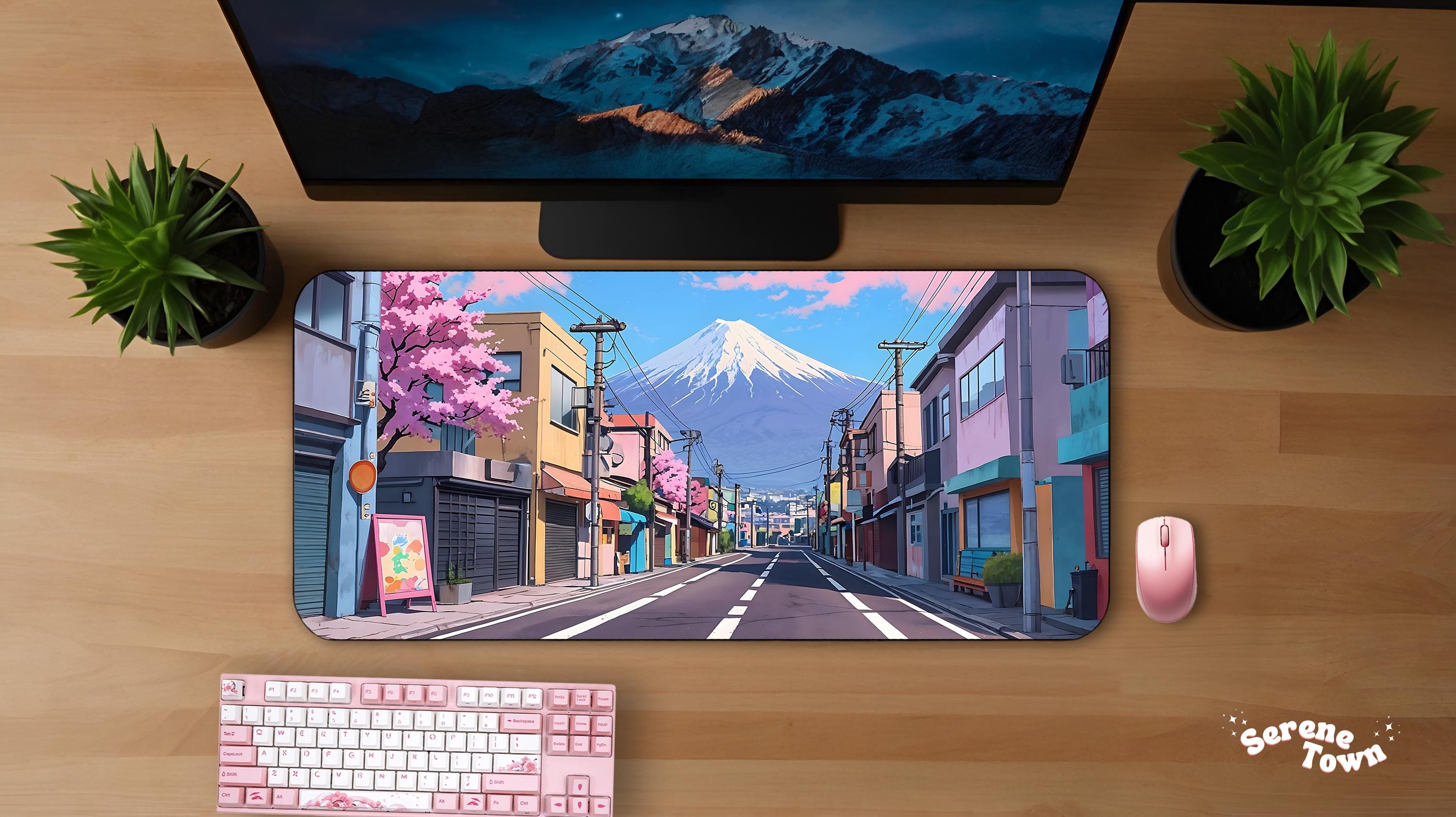 Japan Street Fuji Desk Mat, Cherry Blossom Pastel Anime Computer Setups ...