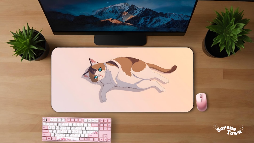 Cat Laying Down Desk Mat | Kawaii Neko Anime Style Animal Gaming ...