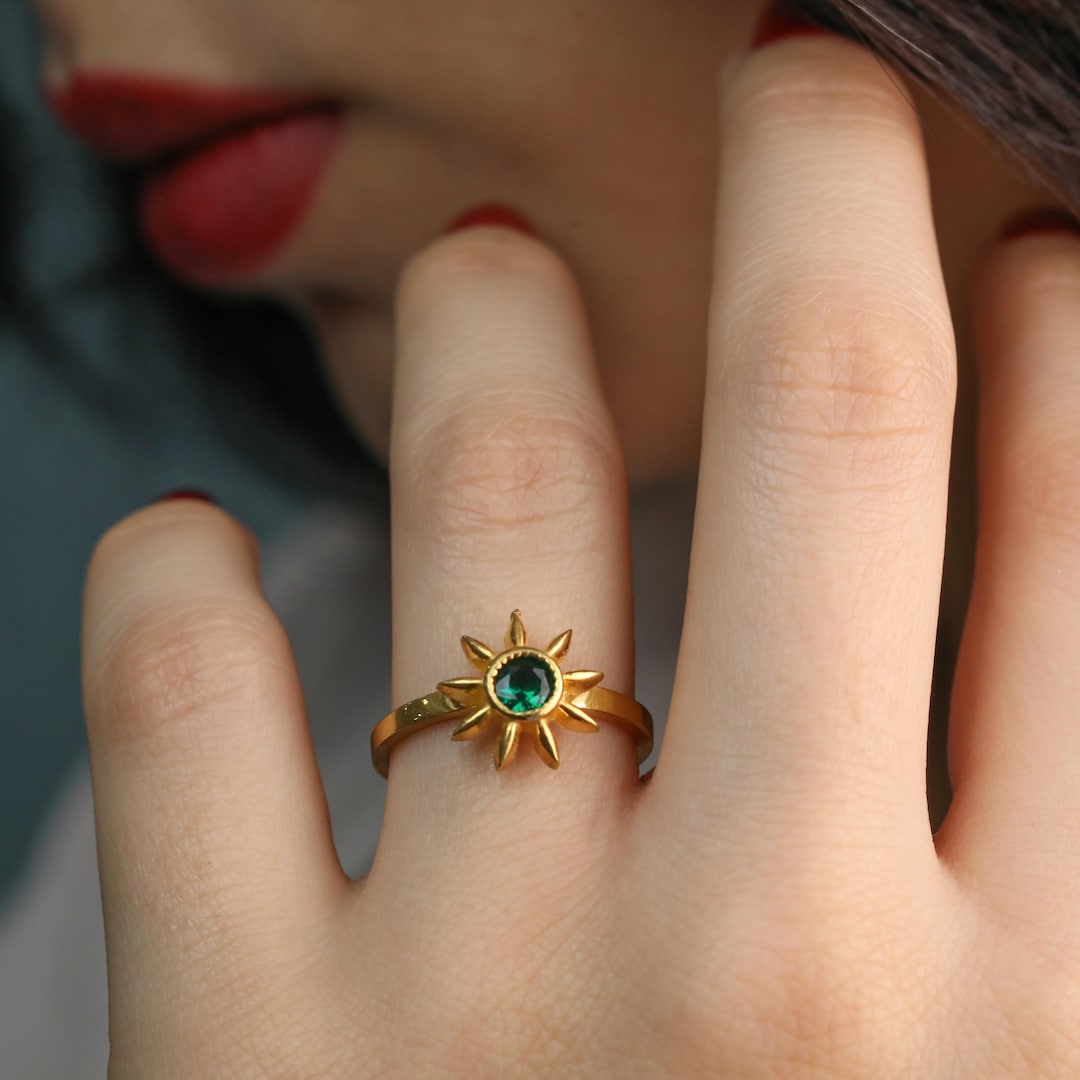 14K Gold Sunburst Ring: Custom Birthstone, Sterling Silver Promise Ring ...