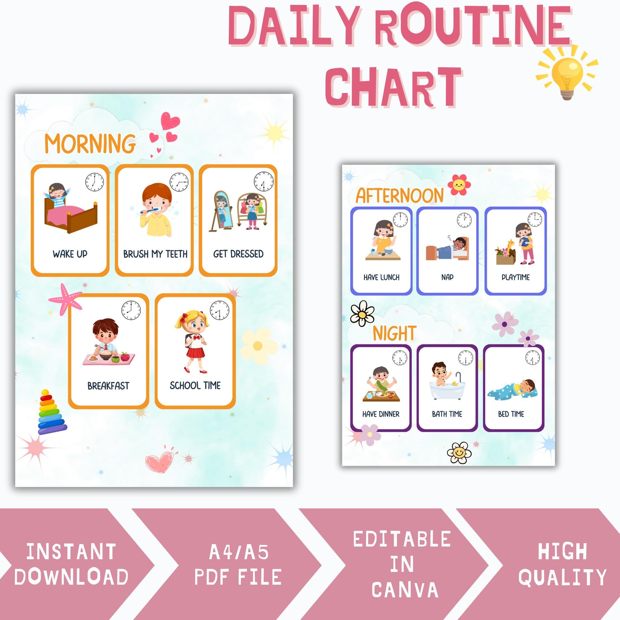 Editable Morning Routine Chart, Evening Routine Chart, Daily Routine ...