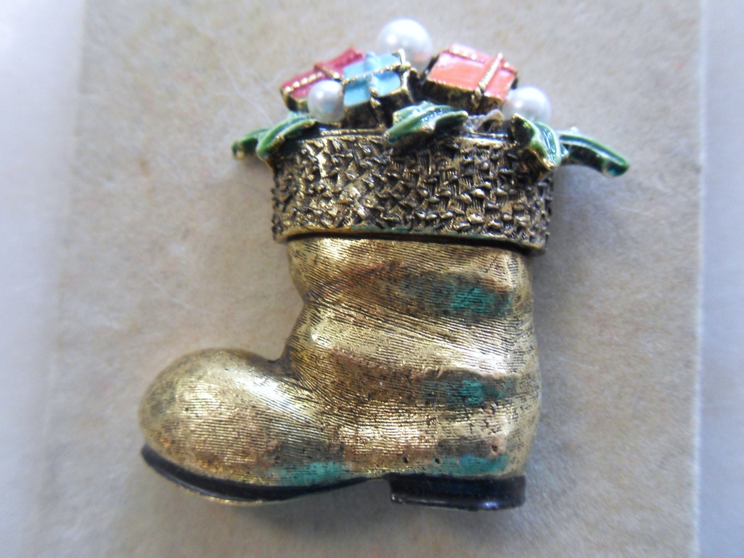 Vintage Christmas Boot Brooch with Enamel Accents | Etsy
